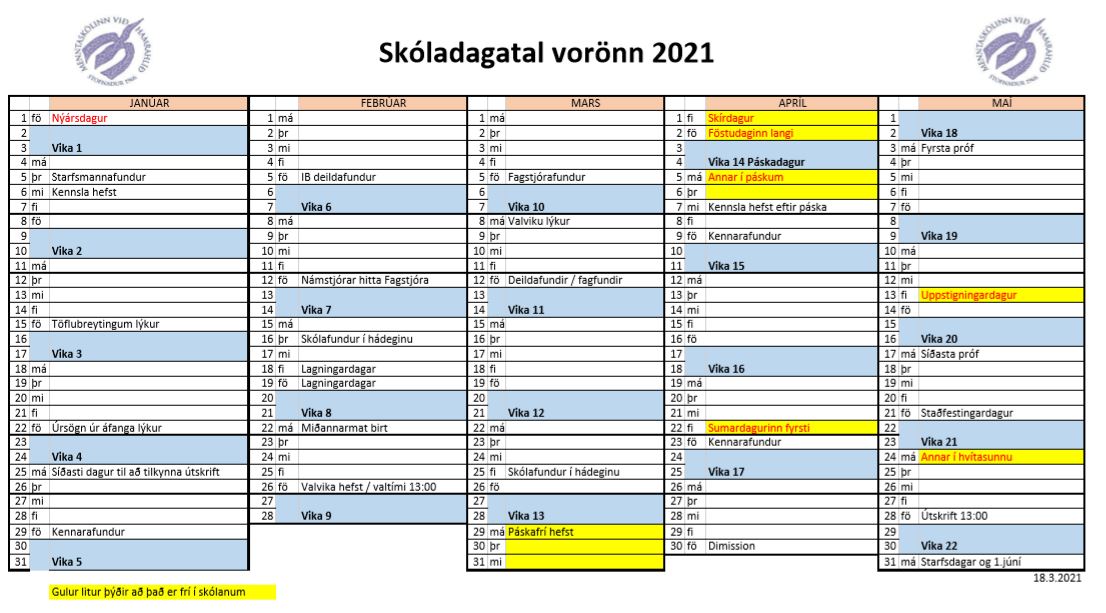 Skóladagatal | Menntaskólinn við Hamrahlíð